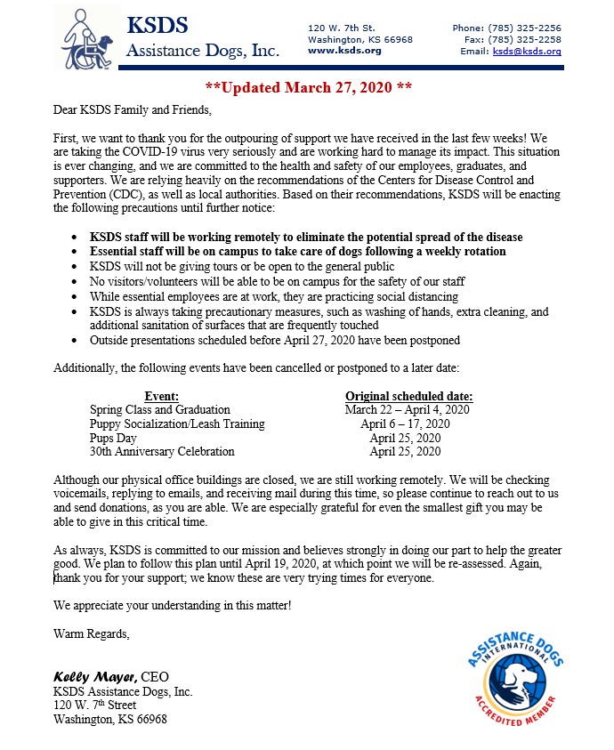 COVID-19 Letter Kelly - KSDS Assistance Dogs, Inc.